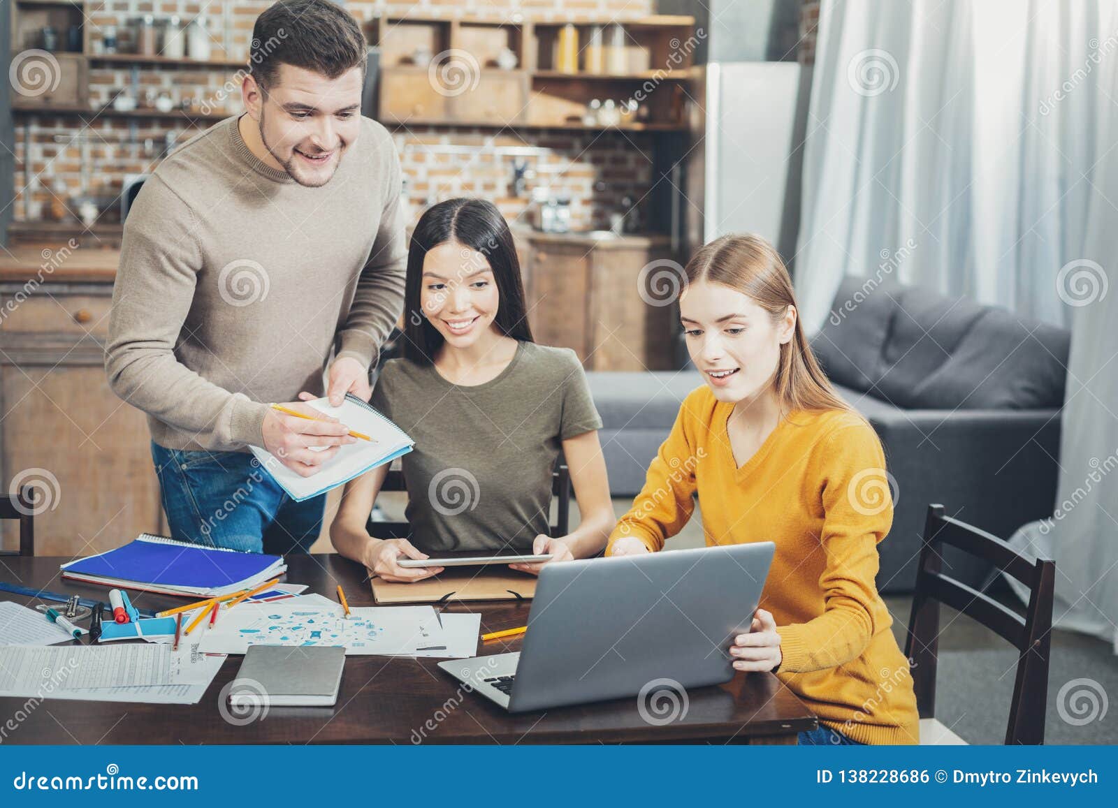 Charming Three Students Exchanging Knowledge Stock Photo - Image of ...