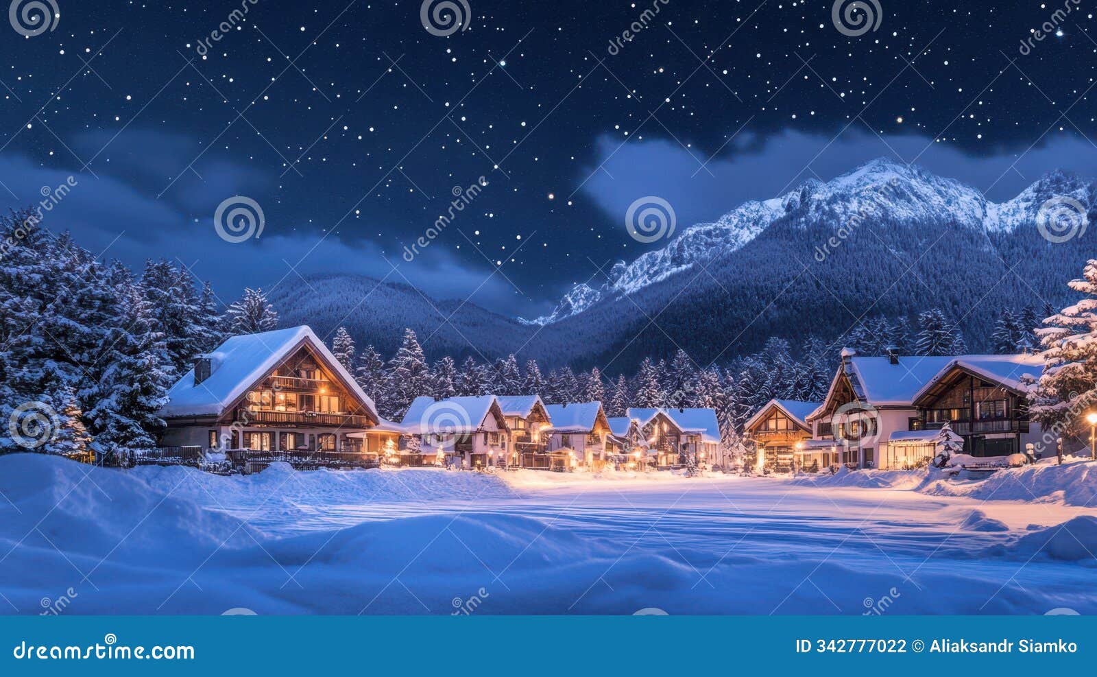 Charming Winter Village Under Starry Night Sky Stock Illustration ...