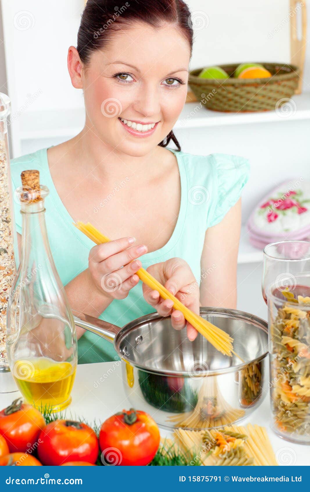 Charming Woman Cooking Spaghetti in the Kitchen Stock Image - Image of ...