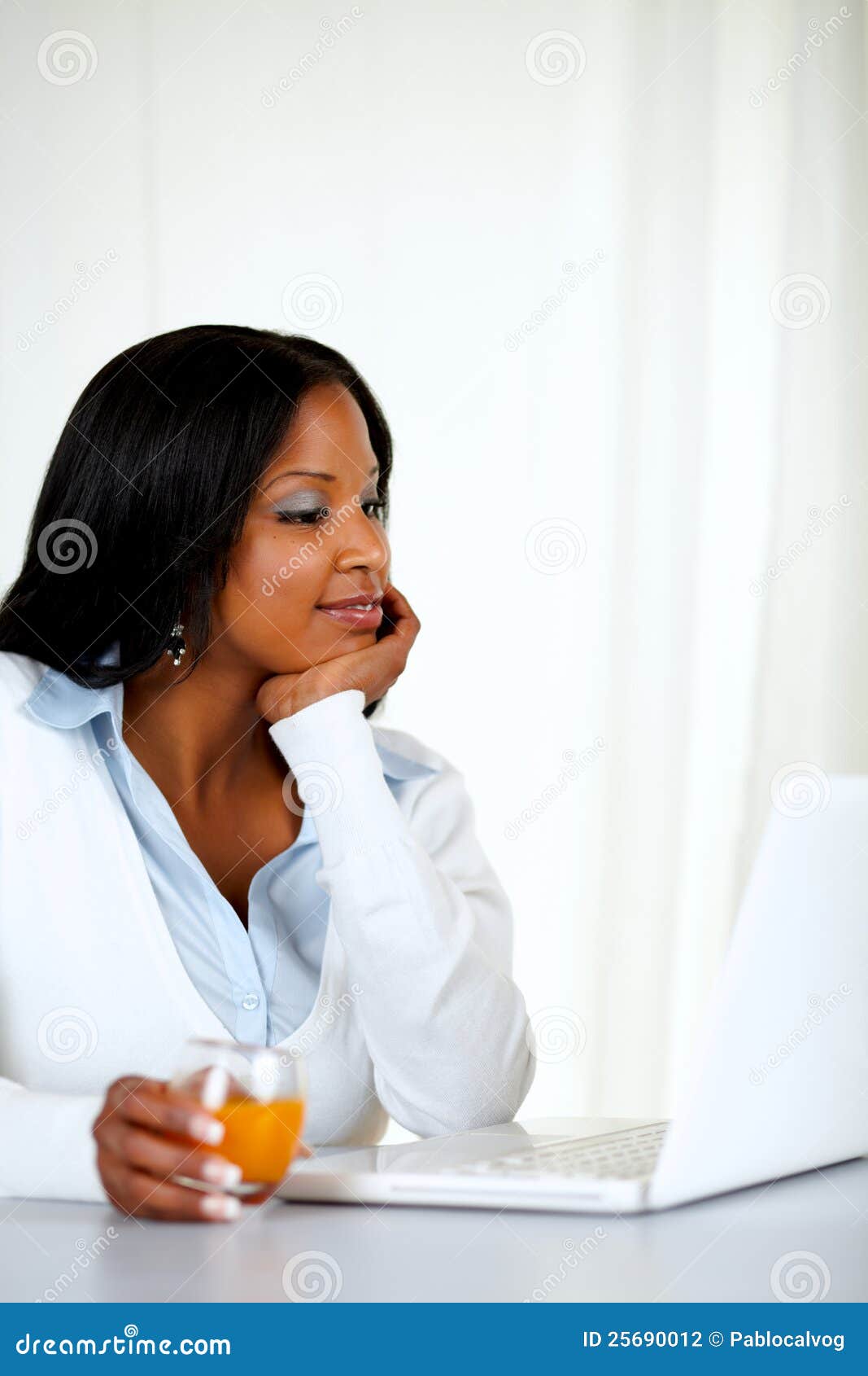 Charming Woman Reading on Laptop Screen Stock Photo - Image of house ...