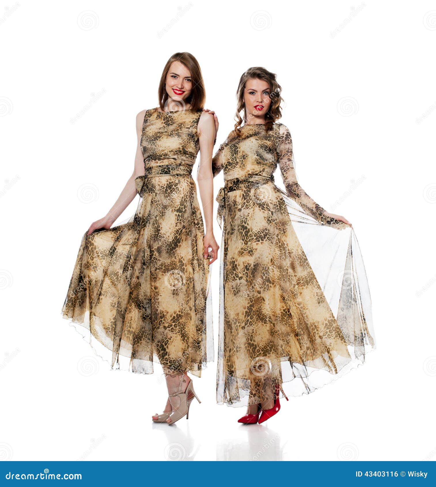 Charming Women Posing in Dresses from Same Cloth Stock Photo - Image of ...