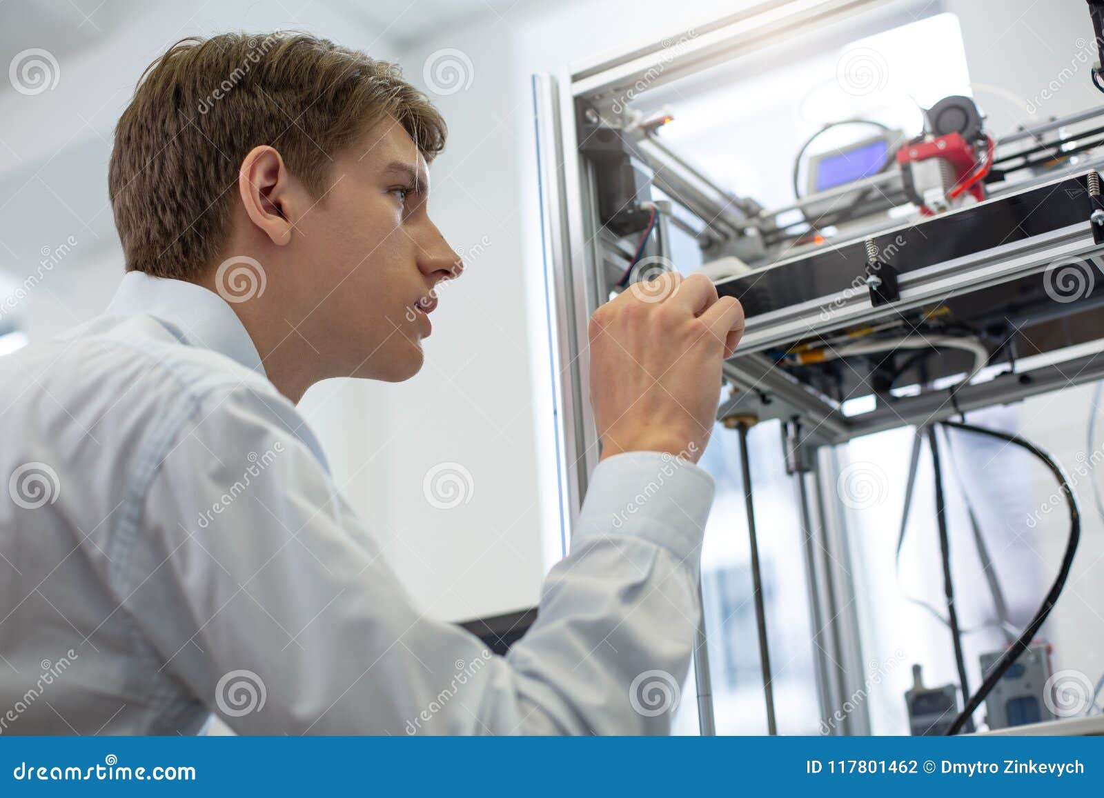 Charming Young Intern Touching Glass Wall of 3D Printer Stock Photo ...