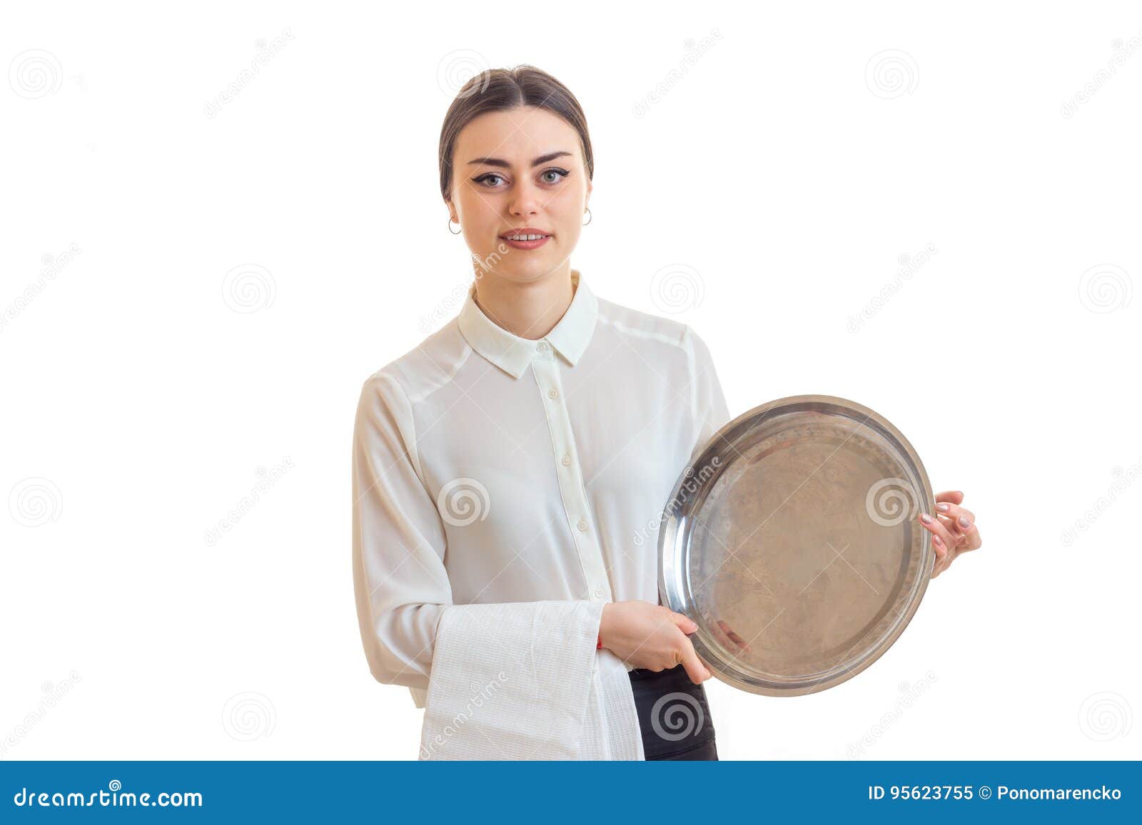 Charming Young Waitress with Trey in Hands in Uniform Stock Image ...