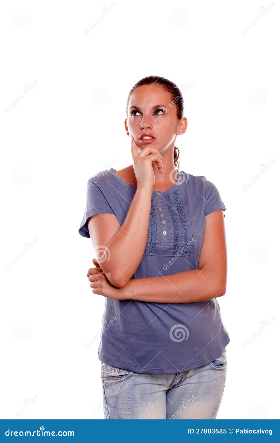 Charming Young Woman Looking Right on Blue Shirt Stock Image - Image of ...