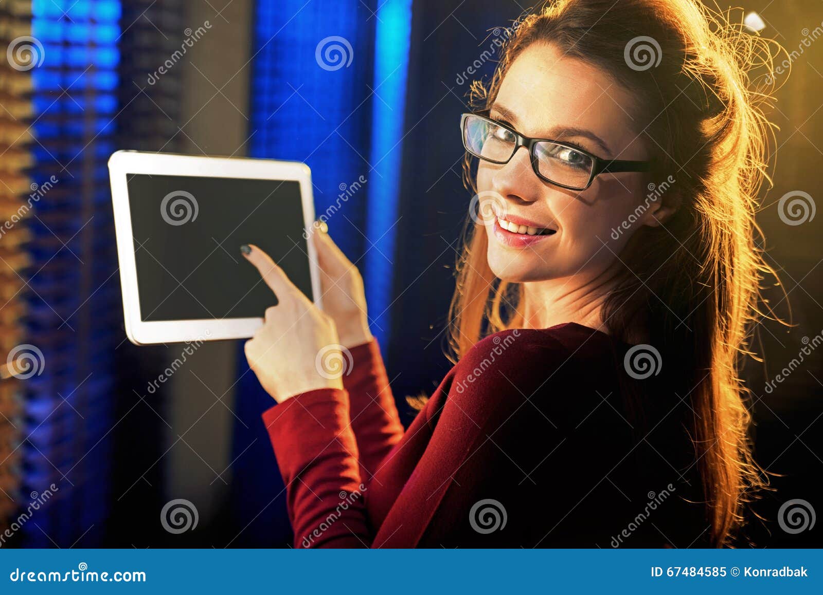 Charming Young Woman Pointing a Tablet Stock Image - Image of elegant ...