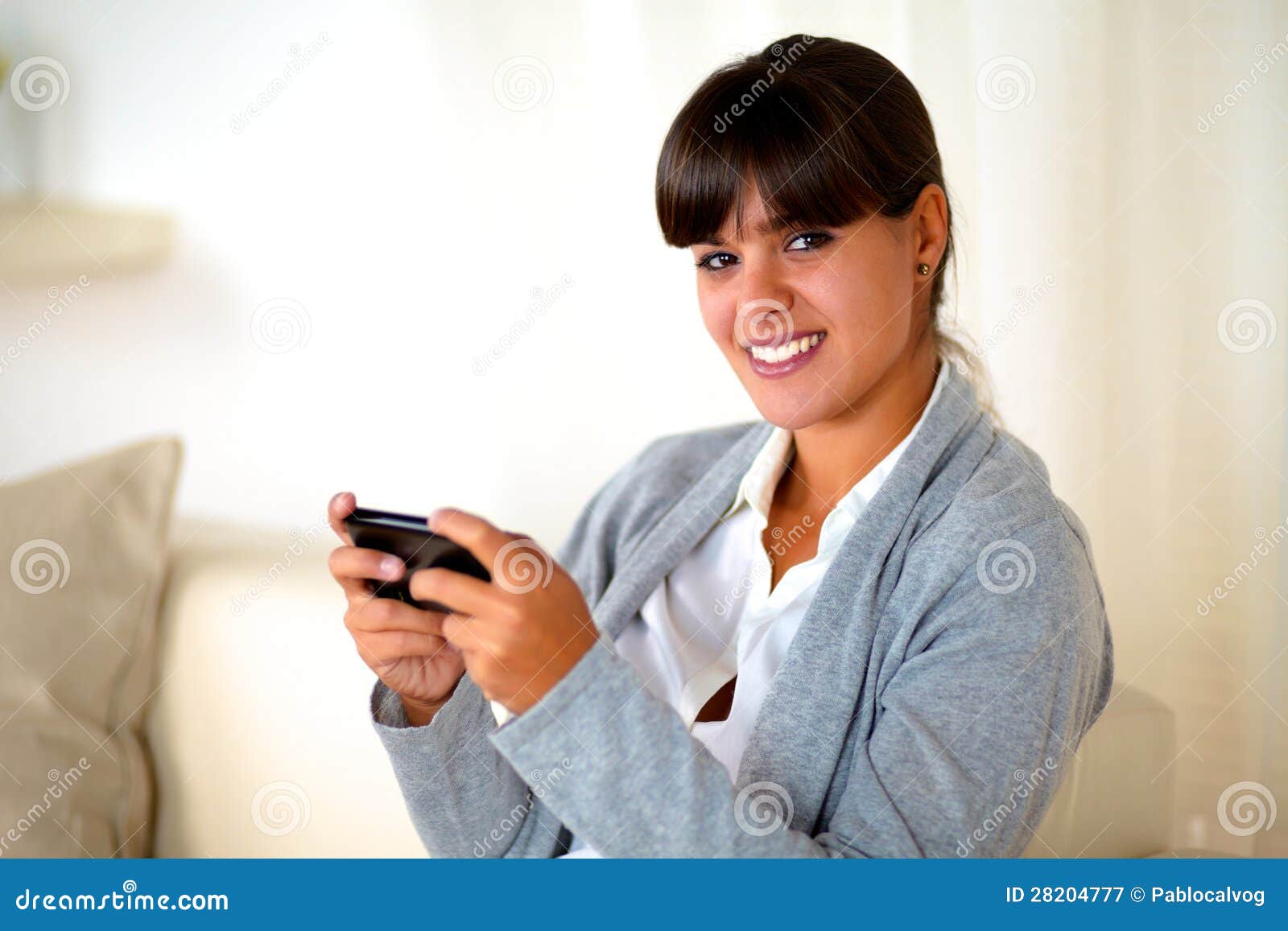 Charming Young Woman Sending Message by Cellphone Stock Image - Image ...
