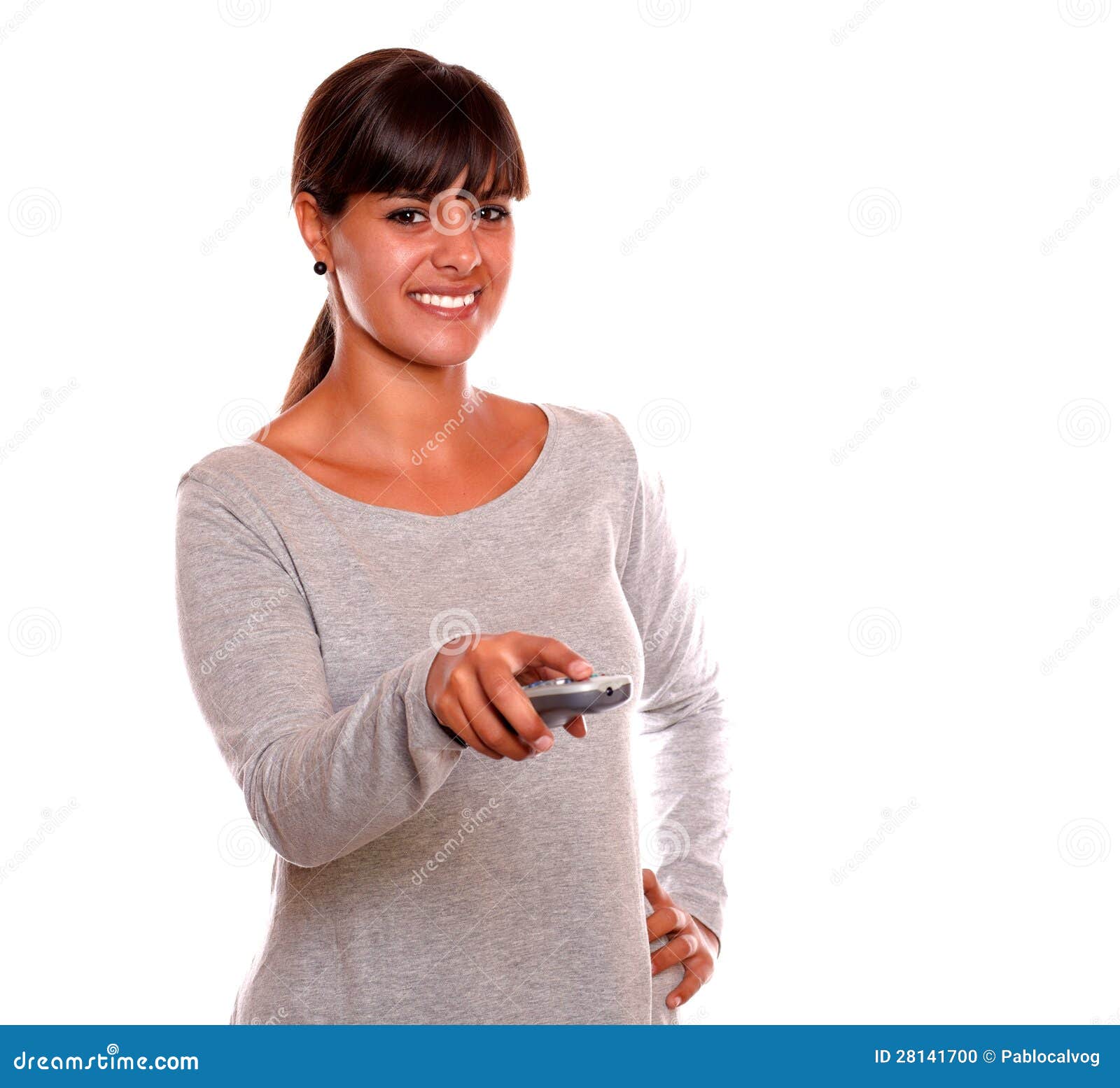 Charming Young Woman Using a Tv Remote Stock Photo - Image of female ...
