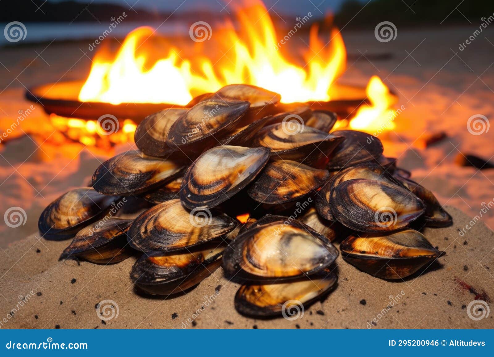Charred Clams Atop a Glowing Beach Fire Stock Photo - Image of glowing ...