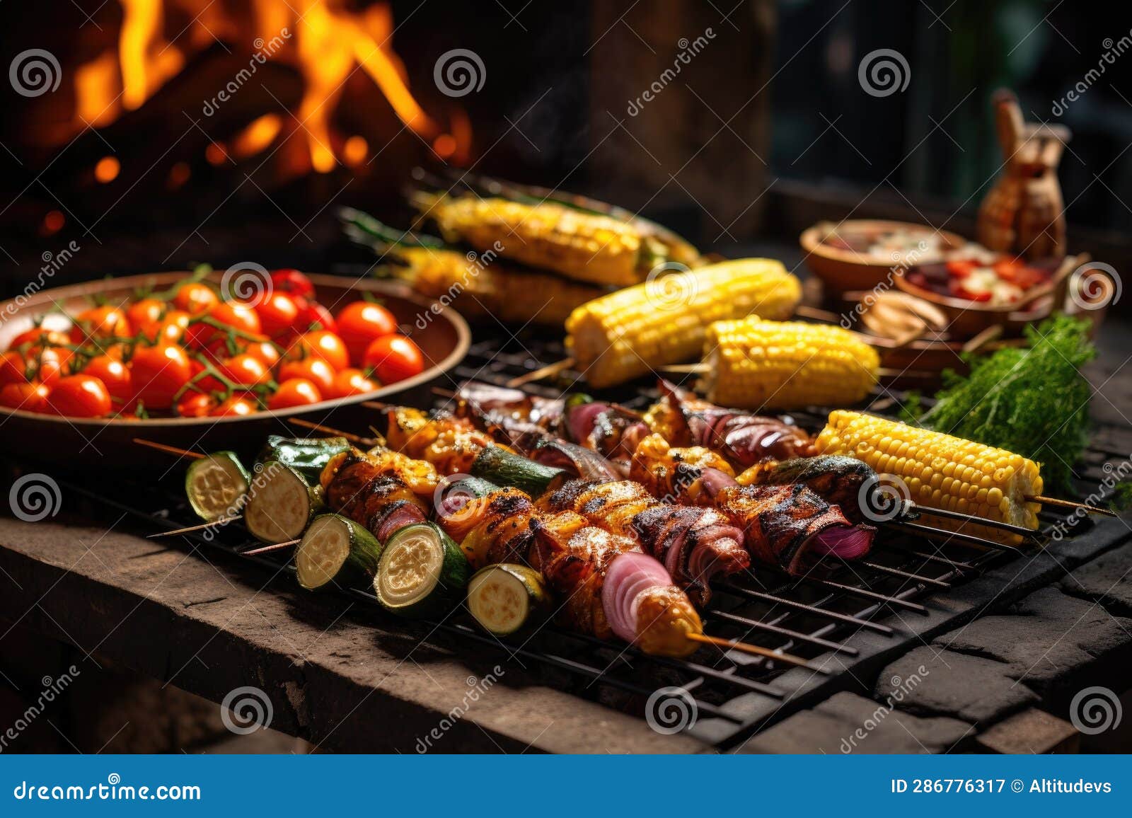 Charred Corn on the Cob and Skewered Vegetables on a Grill Stock ...