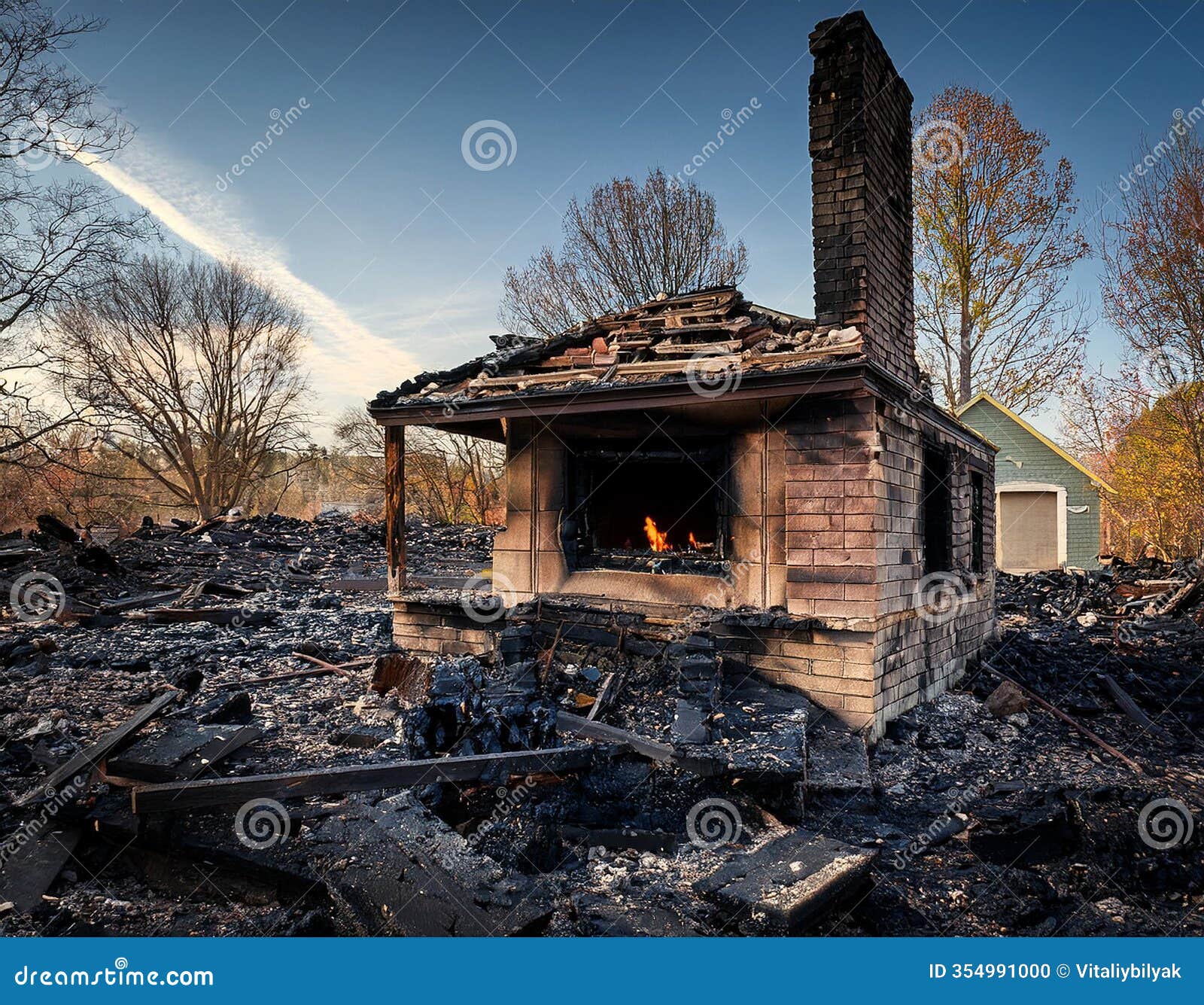Charred Remains of a Home Post-fire with only the Fireplace Standing ...