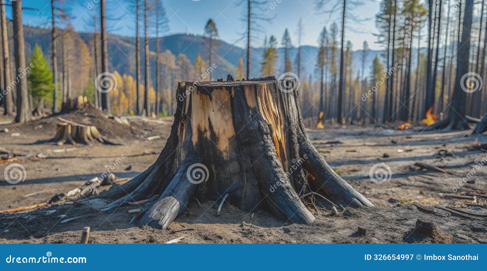 Charred Remains of Tree Stump Stand Amidst Desolate Forest Landscape ...