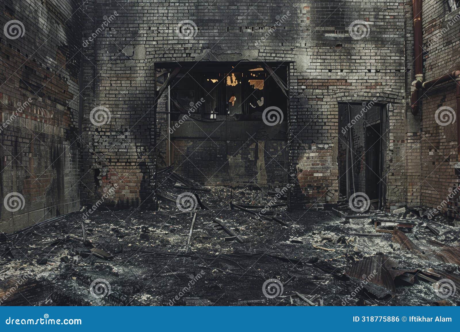 Charred Remnants of a Building with a Fire Extinguisher Visible among ...