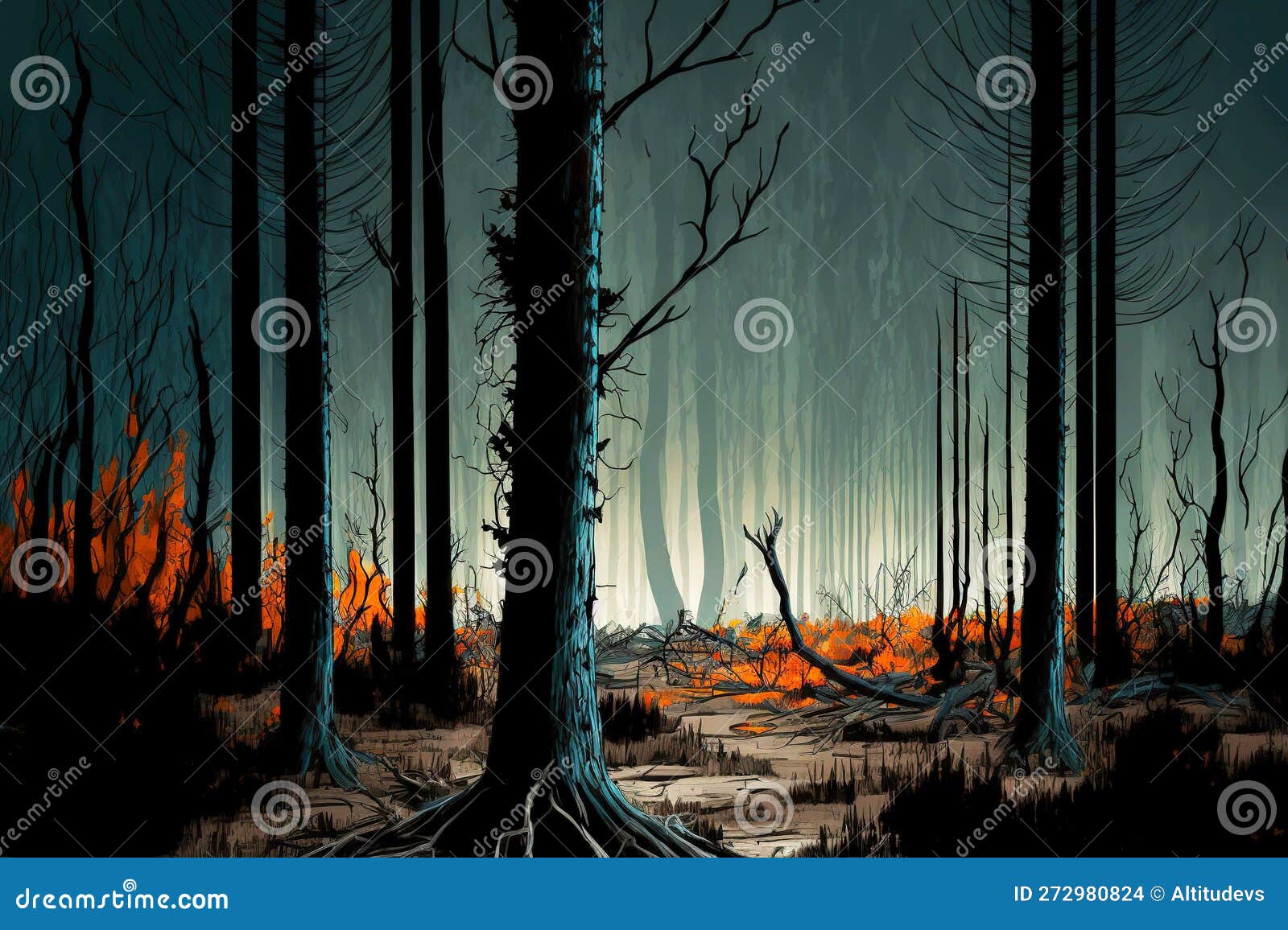 Charred Tree Trunks after Disaster in Form of Forest Wildfire Stock ...