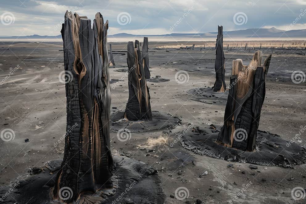 Charred Tree Trunks in an Otherwise Barren Landscape Stock Photo ...