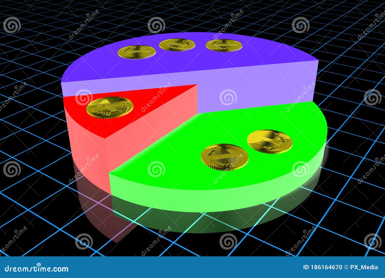 Colorful Pie Chart, Coins - 3D Illustration Stock Illustration ...