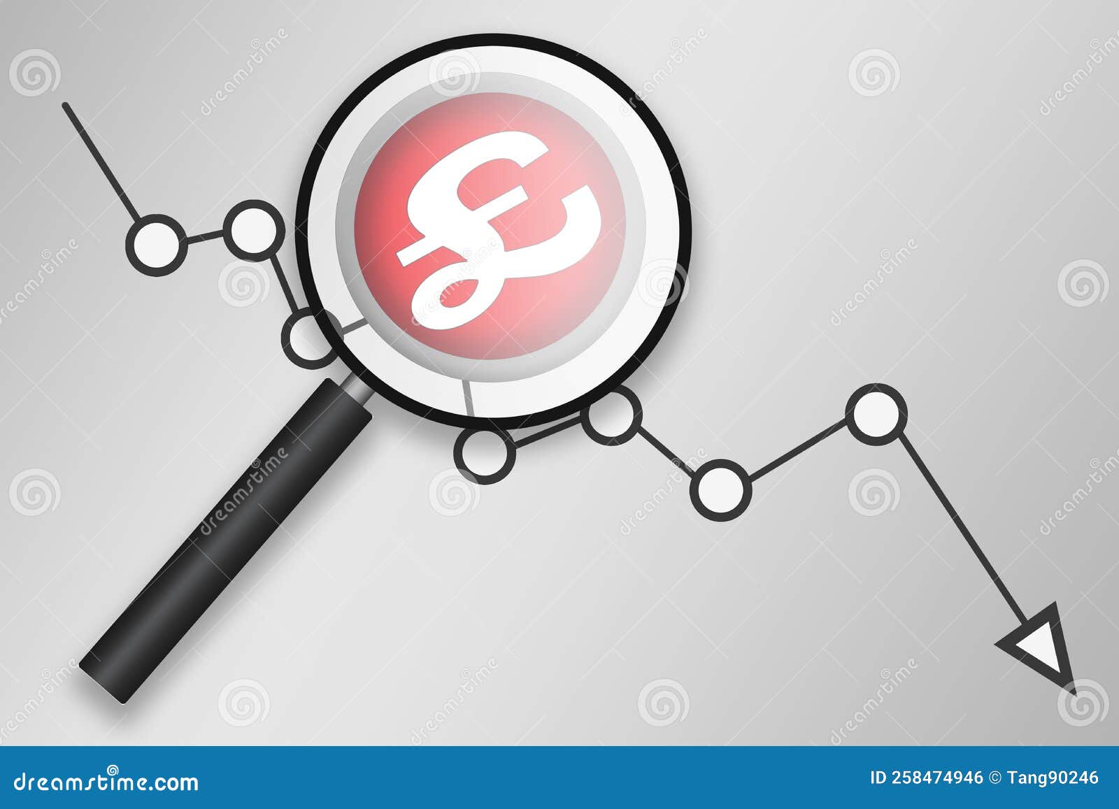 Chart with Down Arrow and Pound Symbol Under Magnifying Glass Stock ...