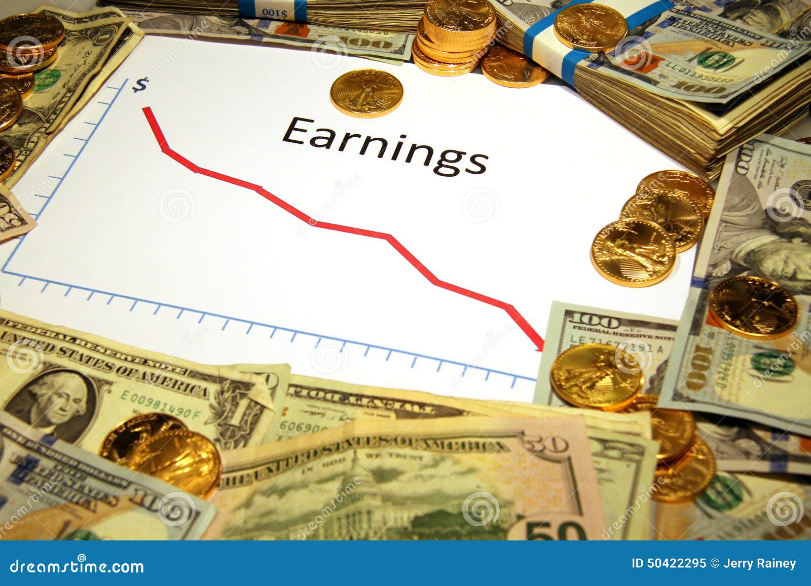 Chart of Earnings Falling Down with Money and Gold Stock Image - Image ...