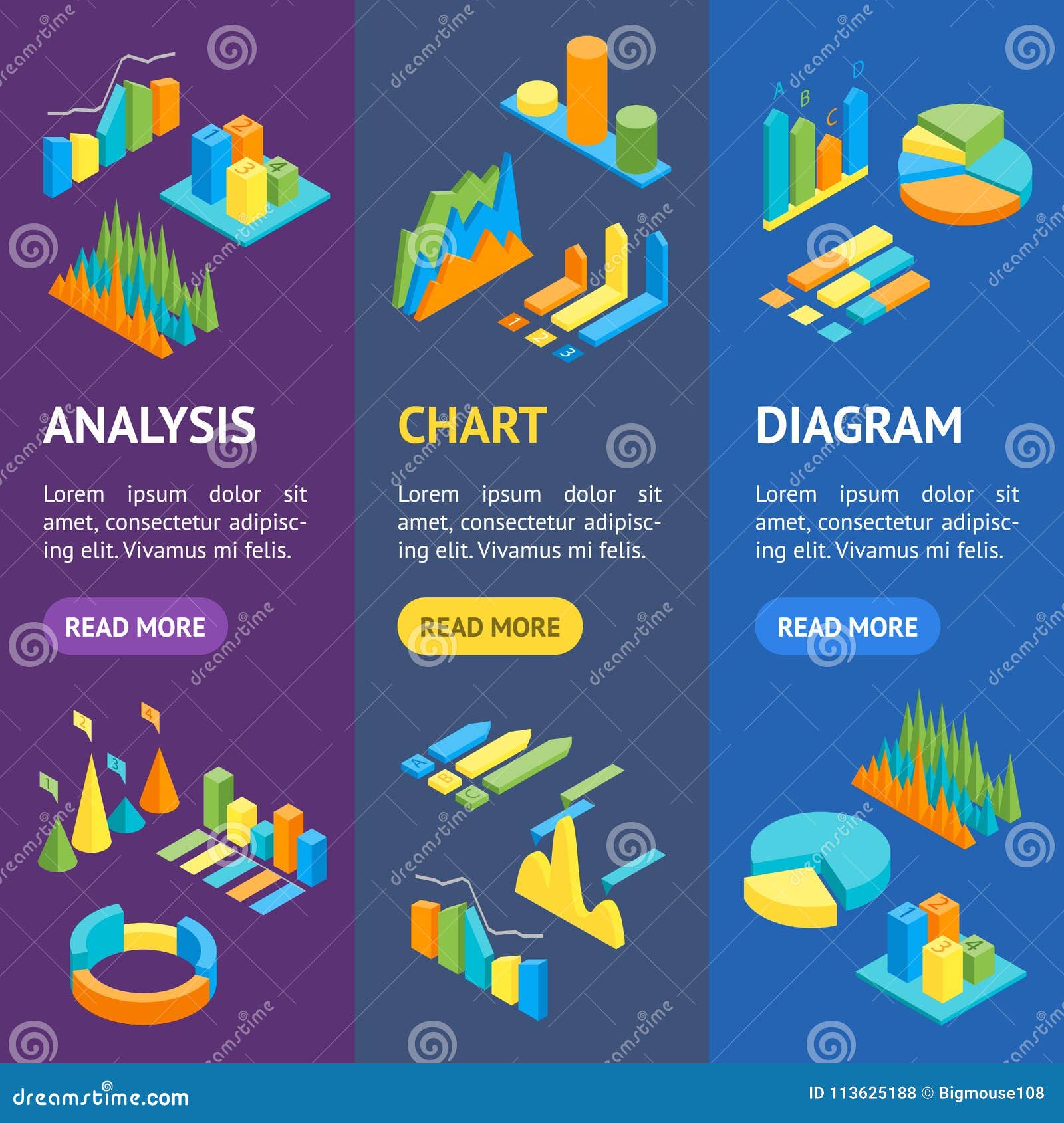 Charts and Graphs Banner Vecrtical Set 3d Isometric View. Vector Stock ...