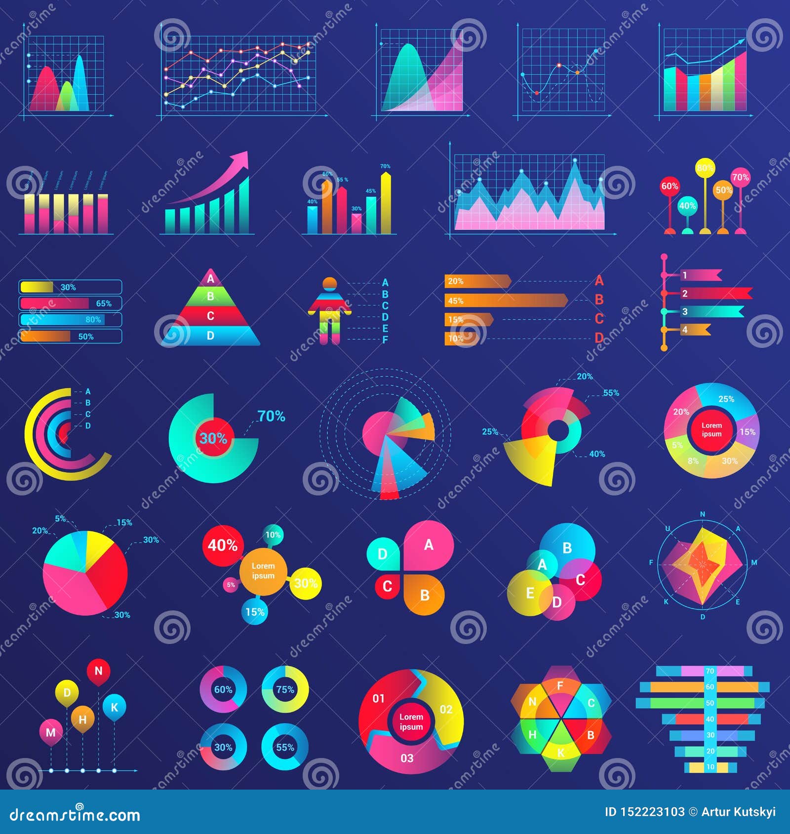 Charts, Graphs, Diagram Infographics Flat Neon Illustrations Set Stock ...