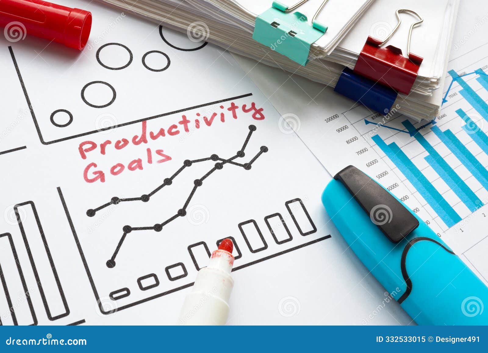 Charts and Handwritten Note of Productivity Goals. Performance ...