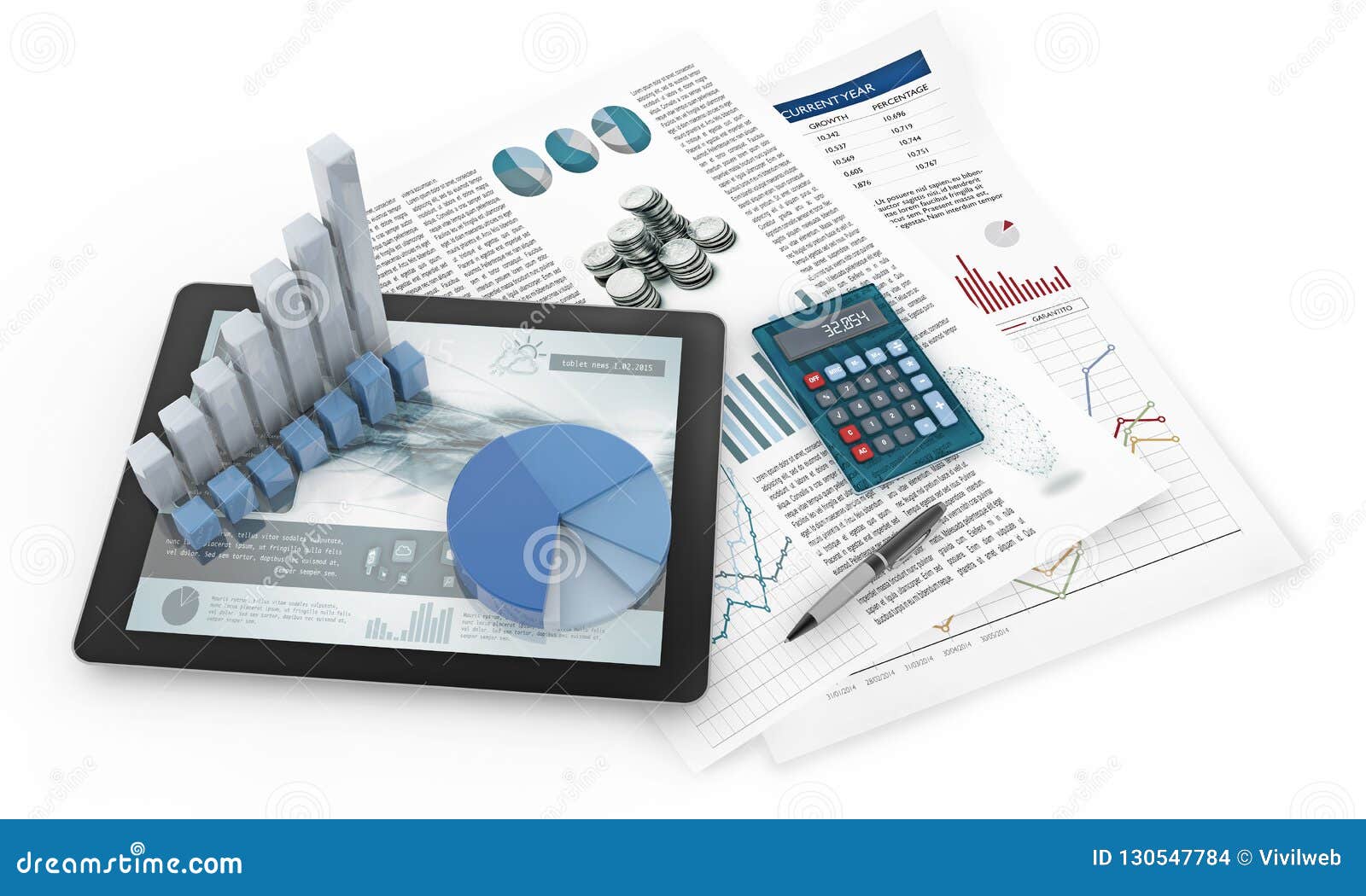 Financial Documents With Graphs And A Globe With A Magnifying Glass ...