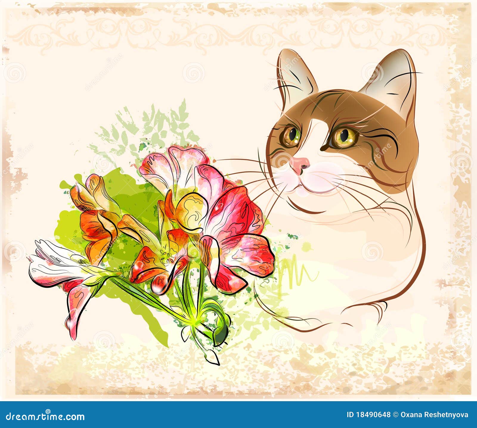 Chat avec des fleurs illustration de vecteur. Illustration du charmer ...