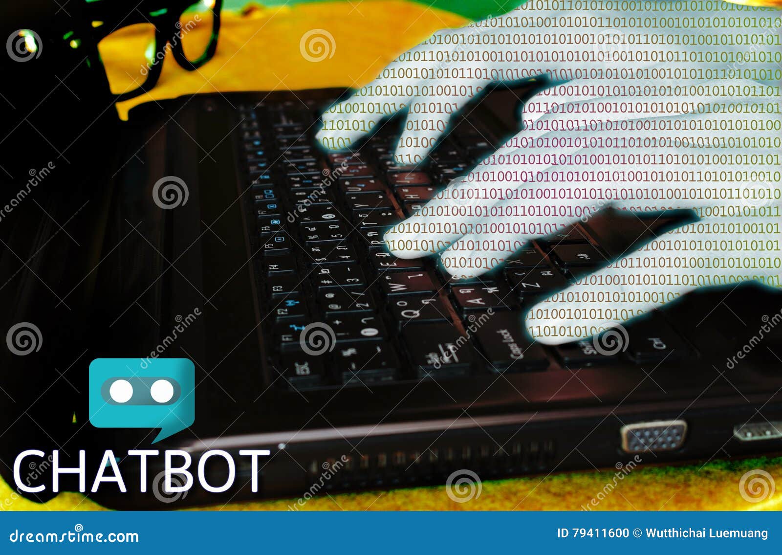 Chat Bot Concept, Hand of Binary Code Typing on Laptop for Chatting ... Chat Bot Concept, Hand of Binary Code Typing on Laptop for Chatting ...
