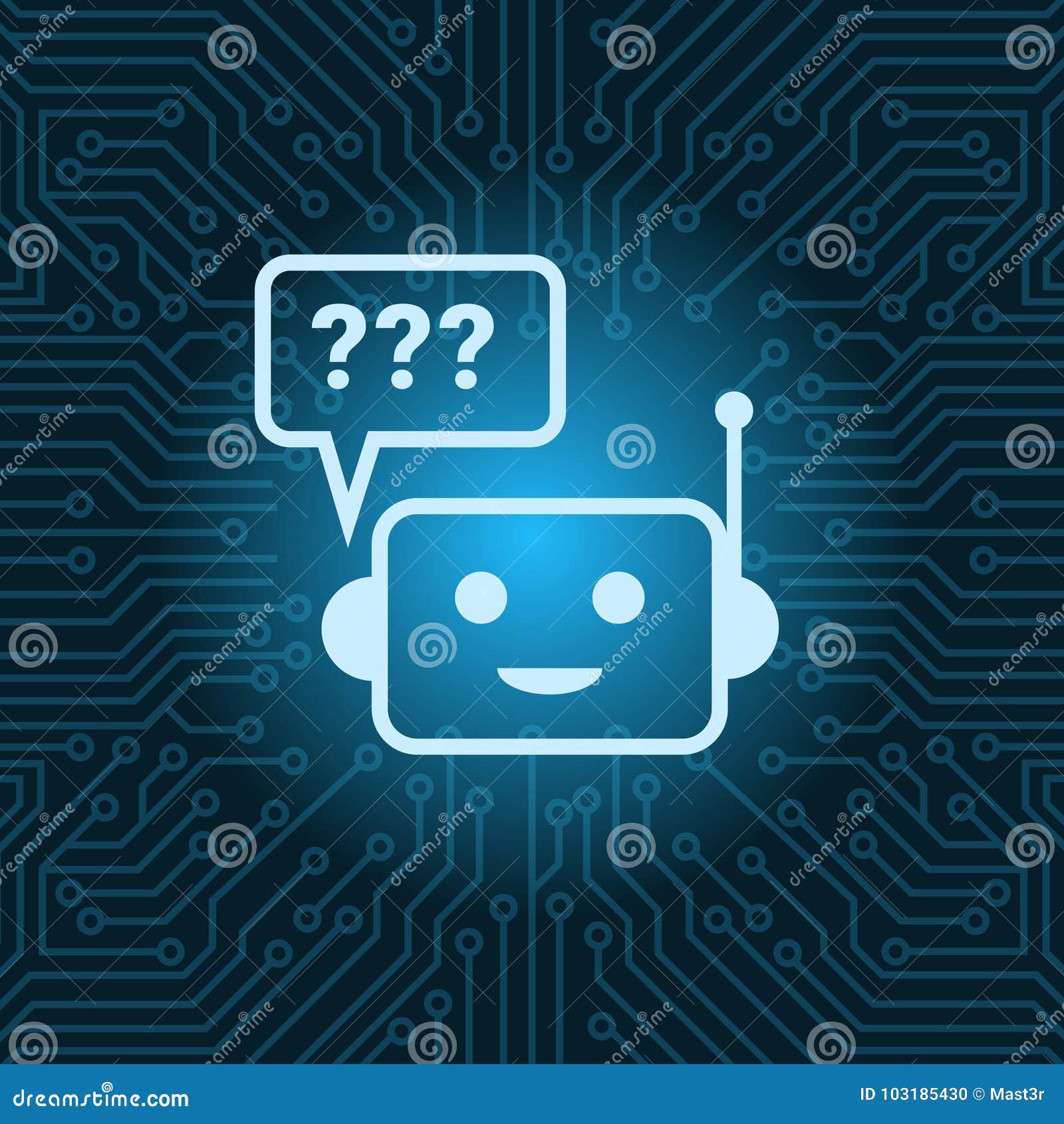 Chat Bot Face Icon with Question Mark Robot Over Blue Circuit ...