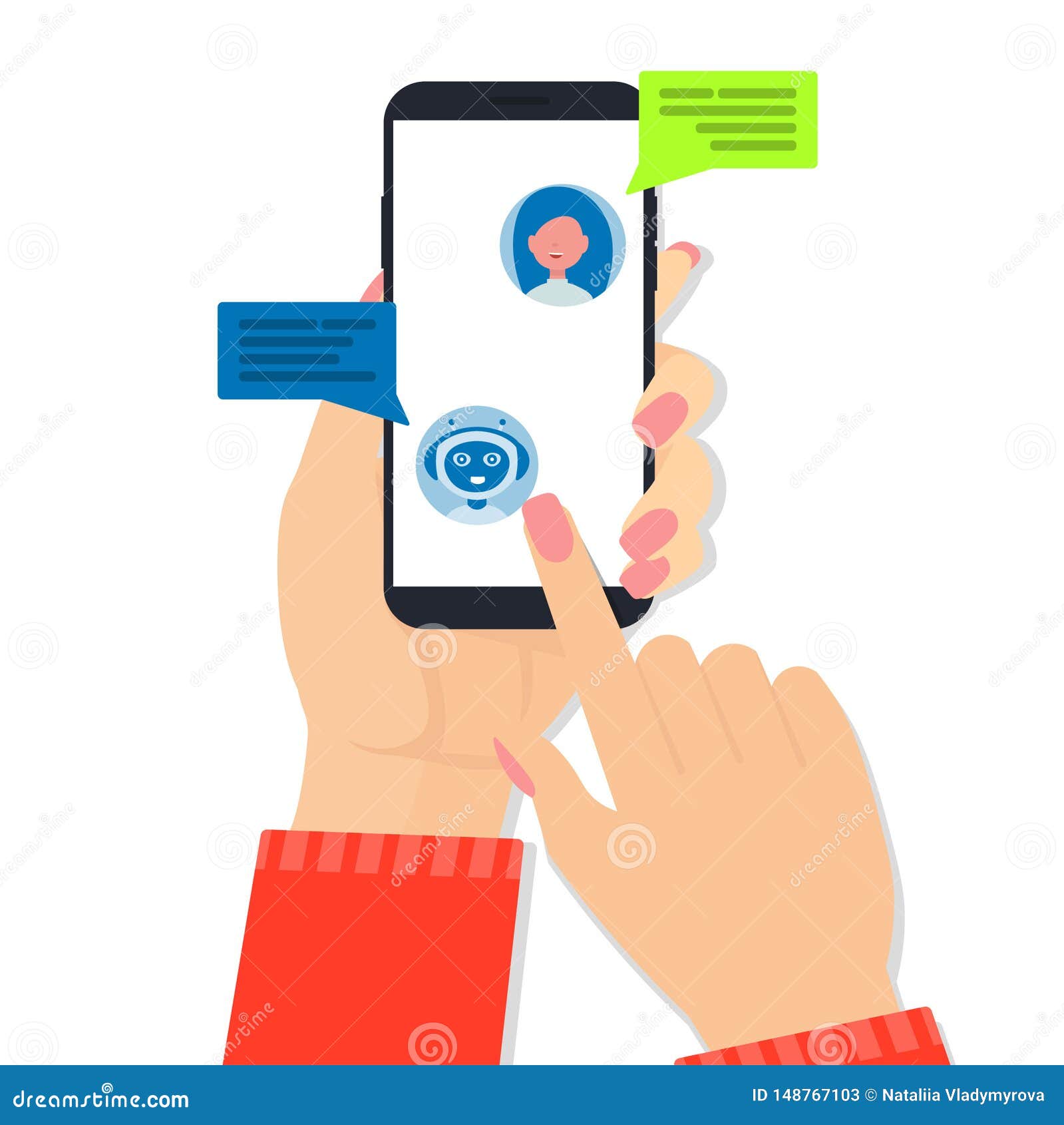 Chat Bot Woman Hands Mobile Stock Vector - Illustration of isolated ...