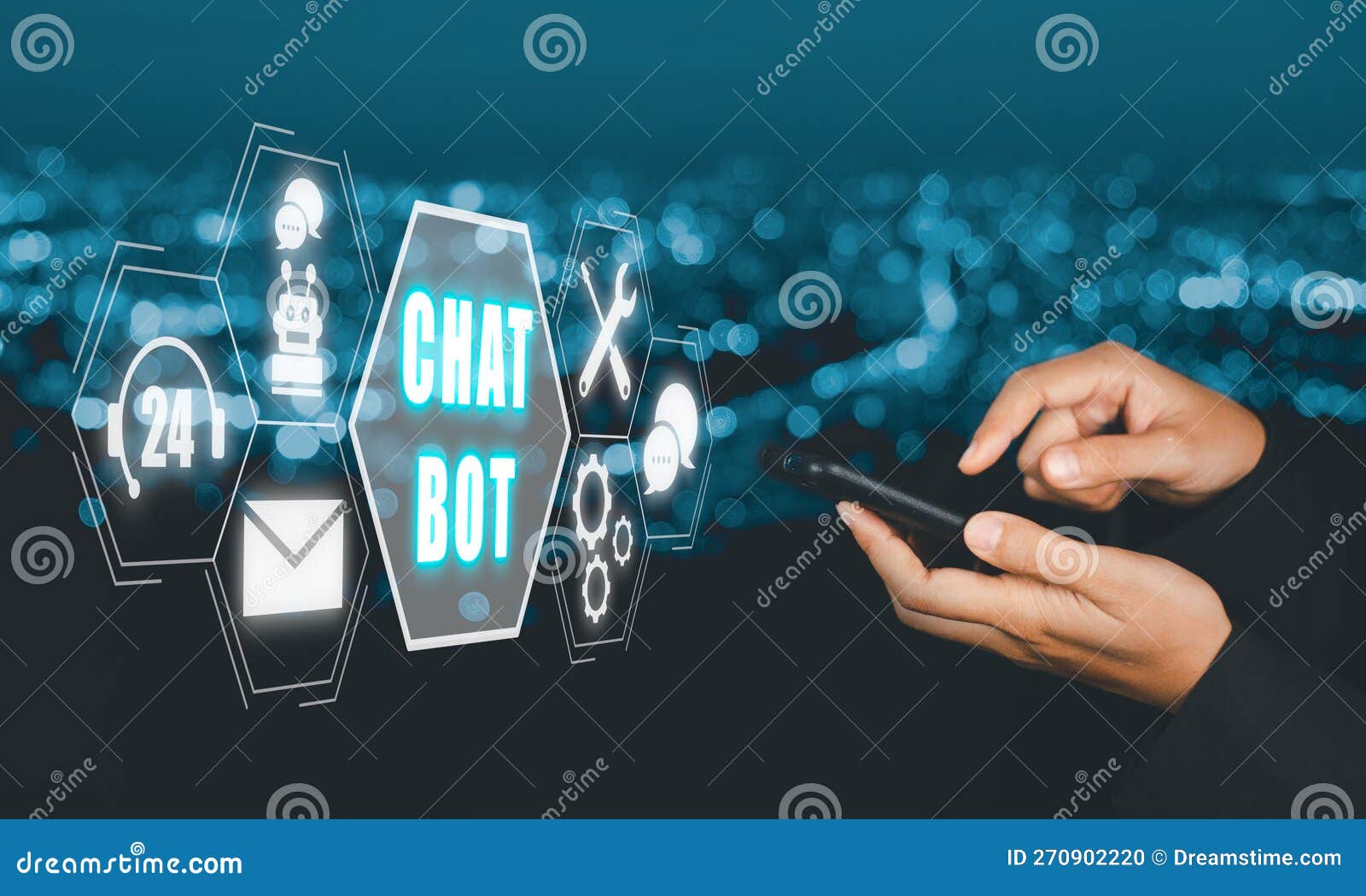 Woman Hand Using Smart Phone with Chatbot Icon on Virtual Screen, Robot ...