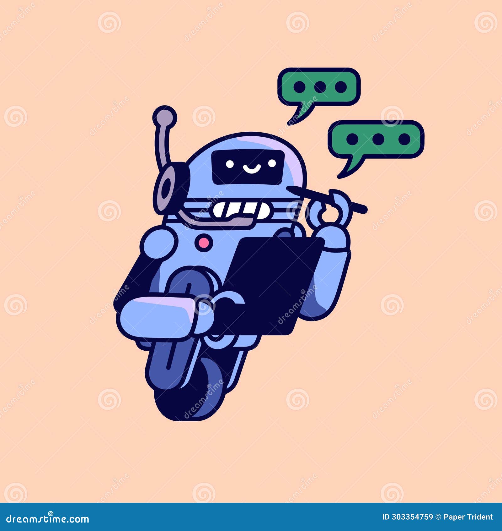 Chatbot Assistant. Happy Robot with Tablet Take Notes. Conversation ...