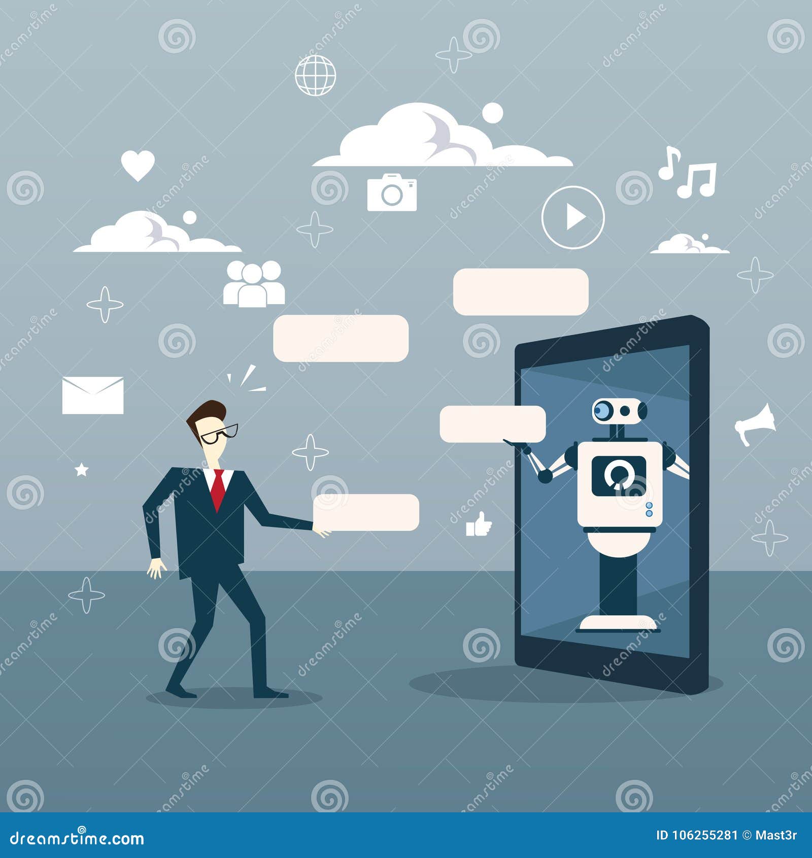 Chatbot Concept. Man Chatting With Chat Bot On Smartphone. Vector ...