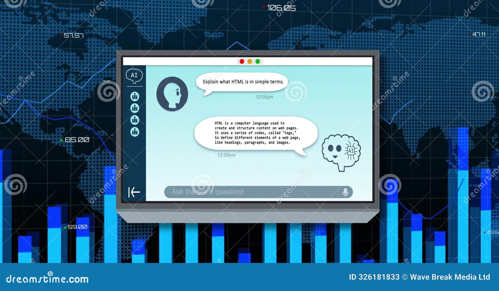 Chatbot Explaining HTML on Digital Screen with World Map and Data ...
