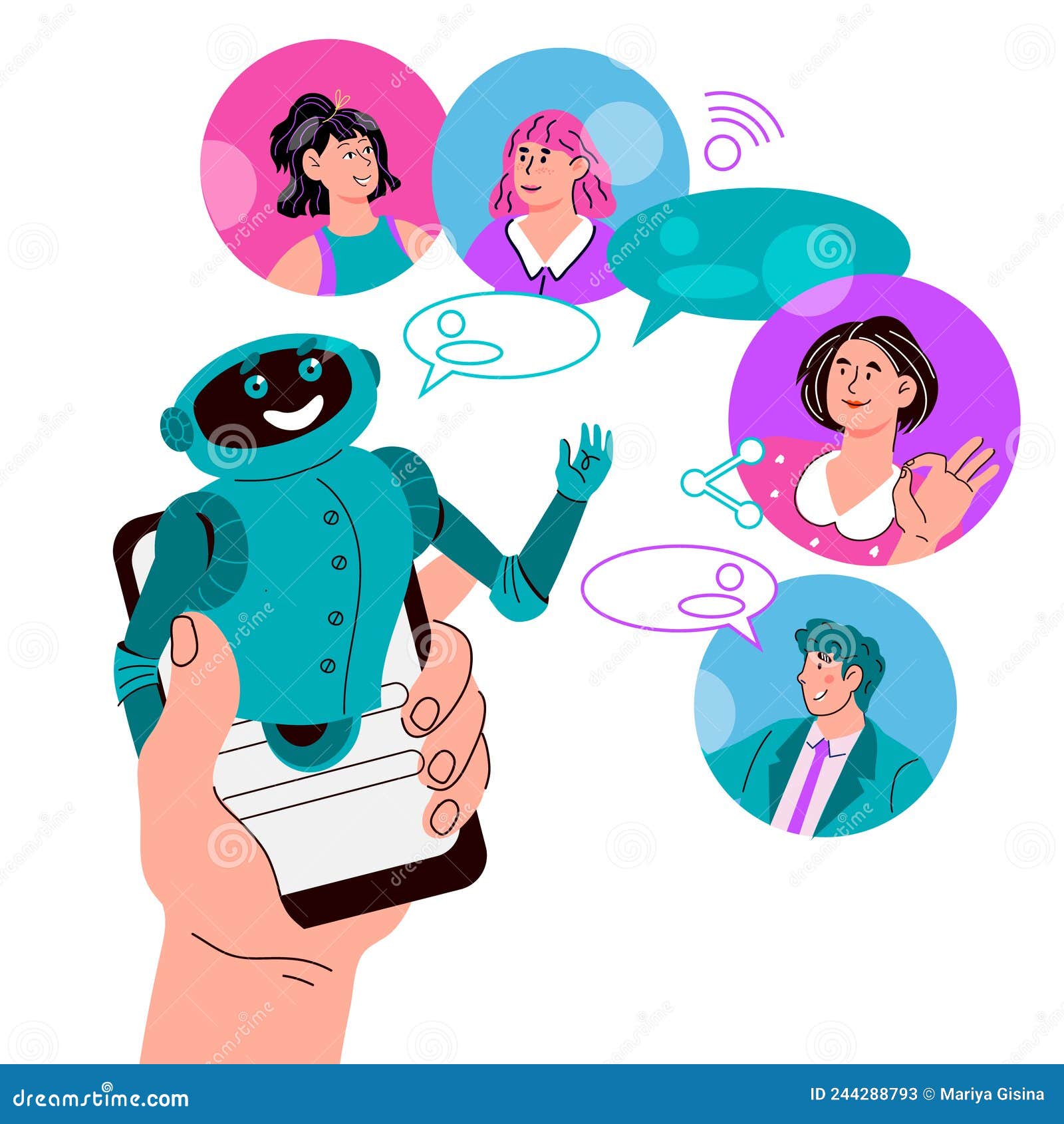 Customers Having Dialog With Chatbot On Smartphone. Characters Chatting With Robot, Asking ...