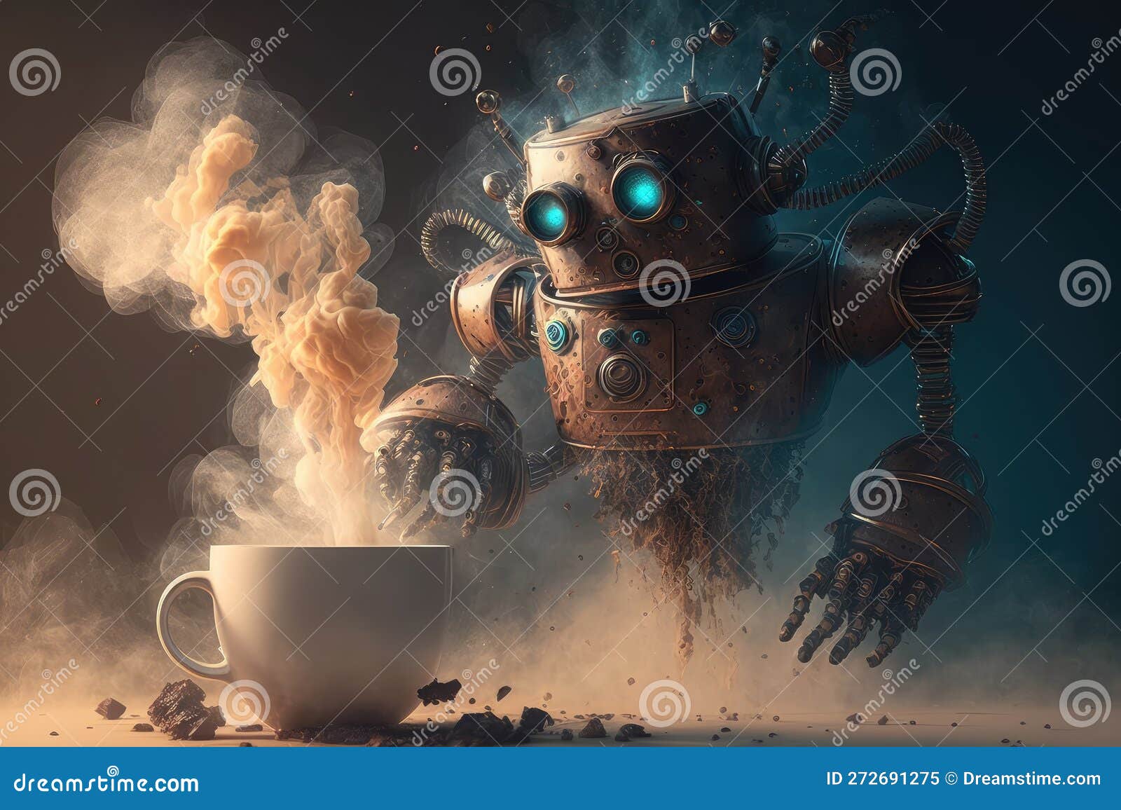 Chatbot Robot Drinking Coffee, with Steam Rising from the Cup Stock ...