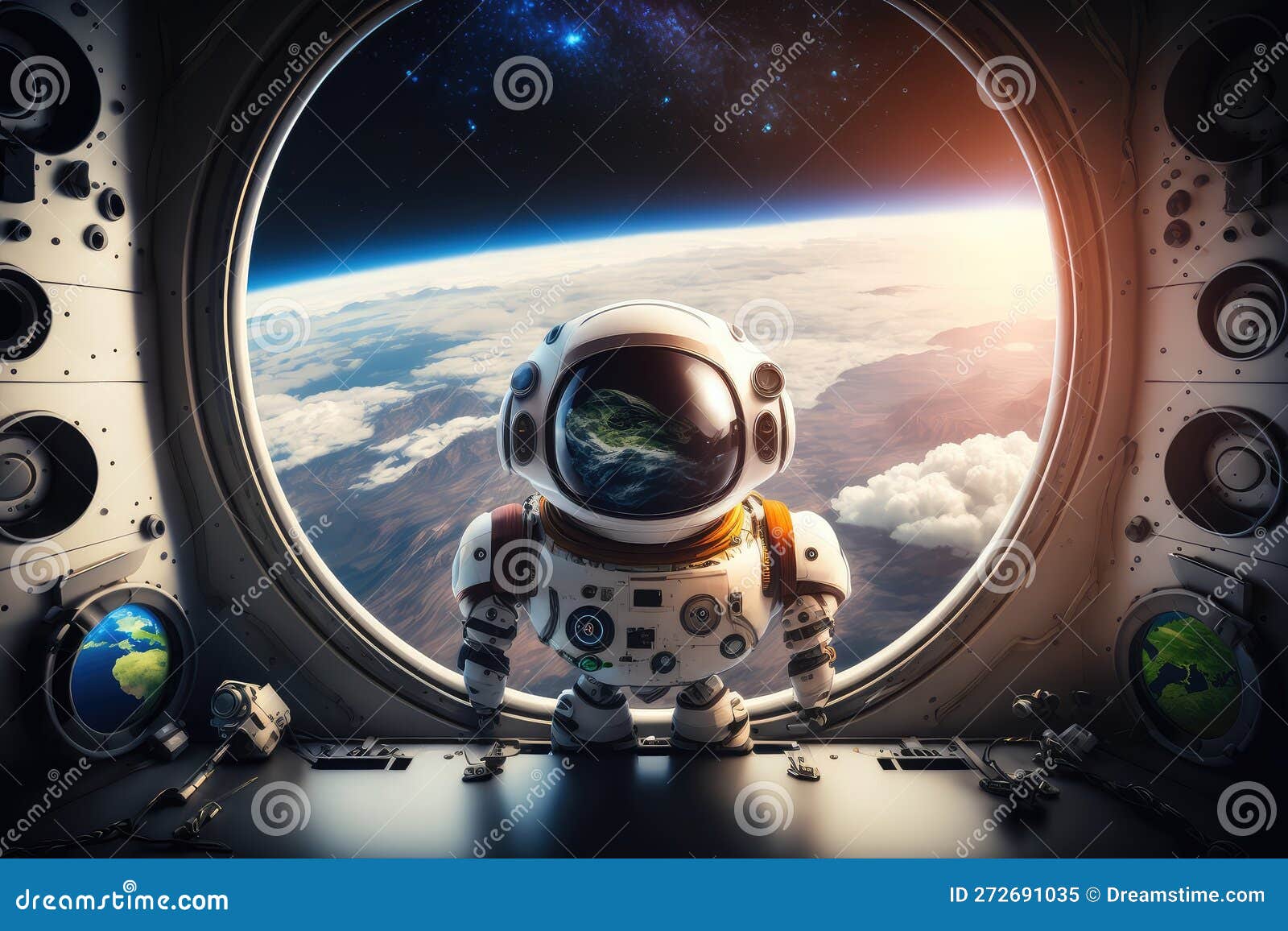 Chatbot Robot Floating in Zero-g Environment, with View of Distant ...