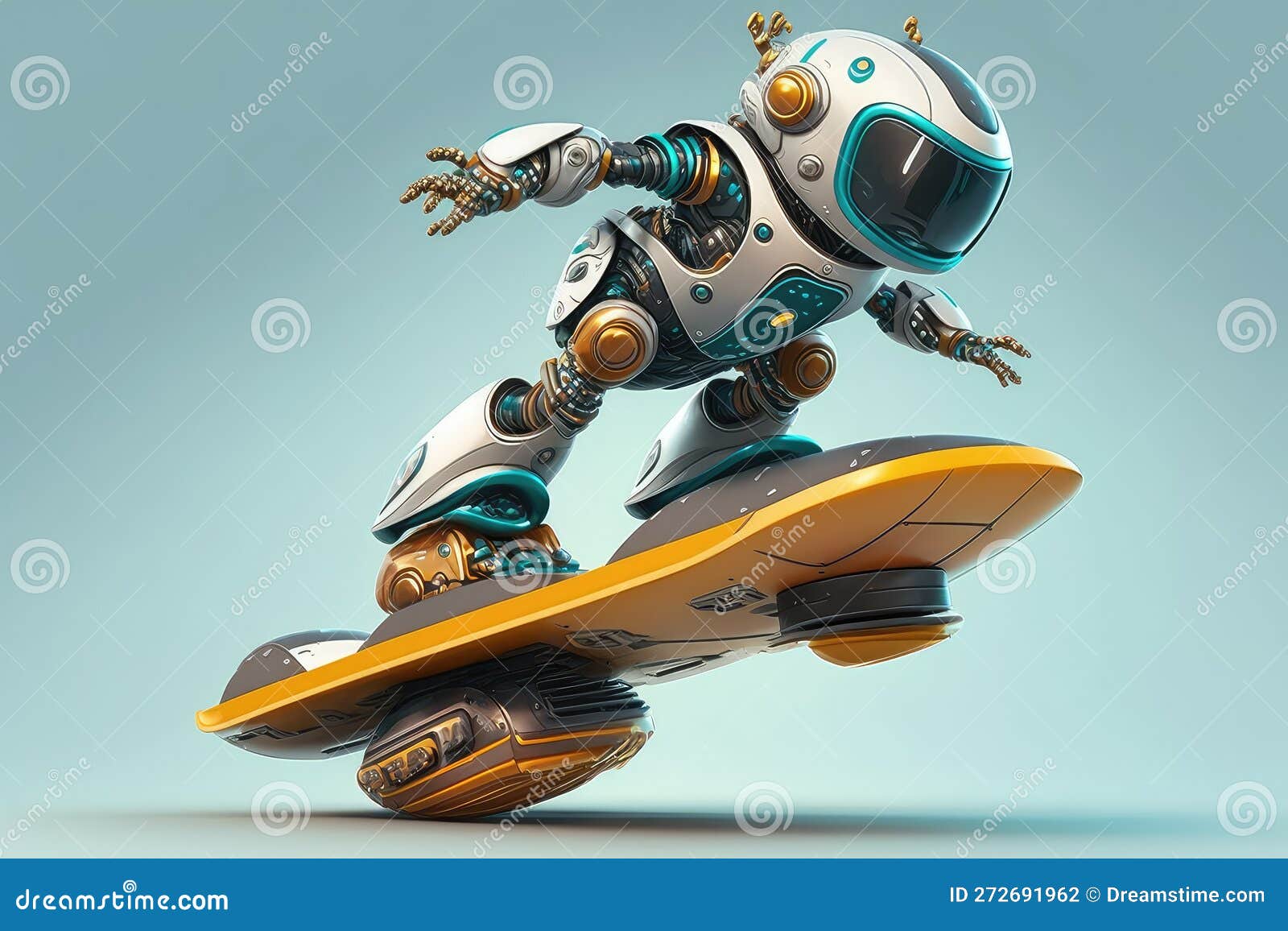 Chatbot Robot on a Futuristic Hoverboard, Flying in the Air Stock ...