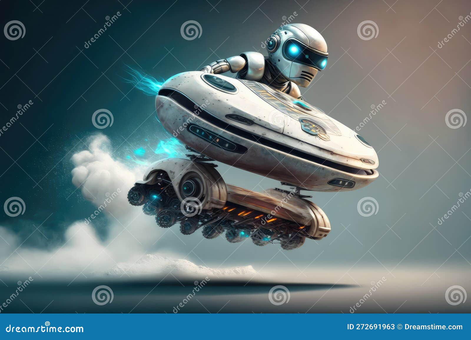 Chatbot Robot on a Futuristic Hoverboard, Flying in the Air Stock ...