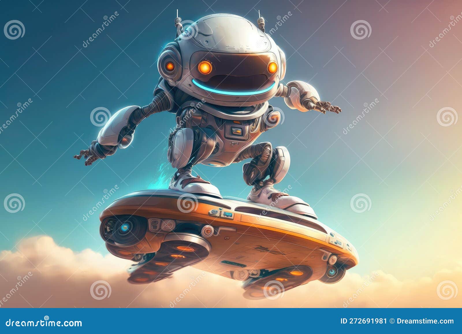 Chatbot Robot on a Futuristic Hoverboard, Flying in the Air Stock ...