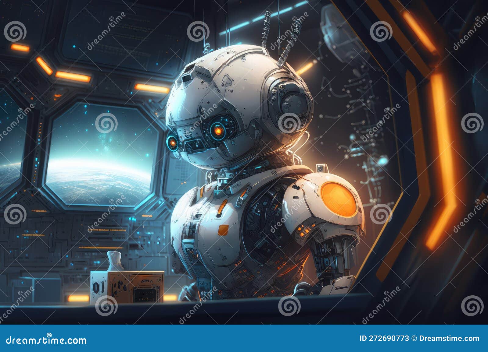 Chatbot Robot in Futuristic Space Station, Communicating with Other ...