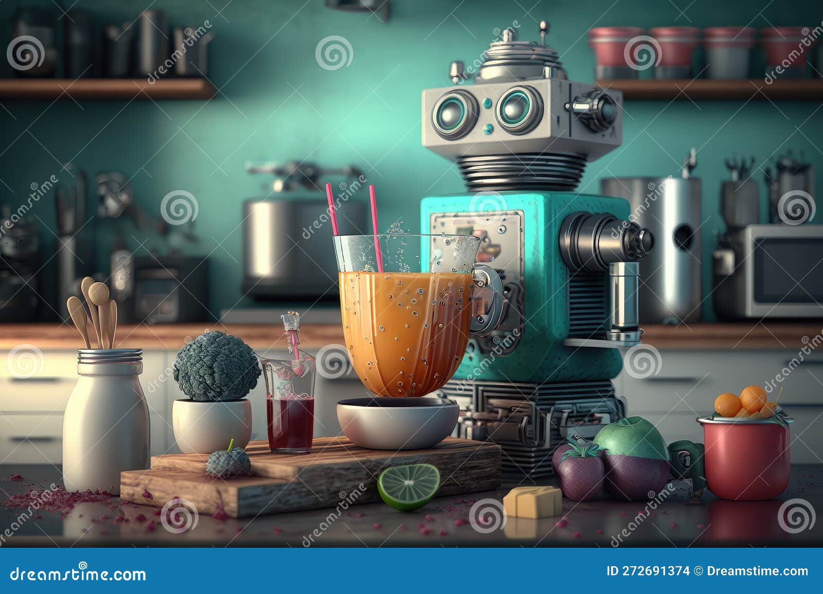 Chatbot Robot Making Smoothie in the Kitchen, with Ingredients and ...
