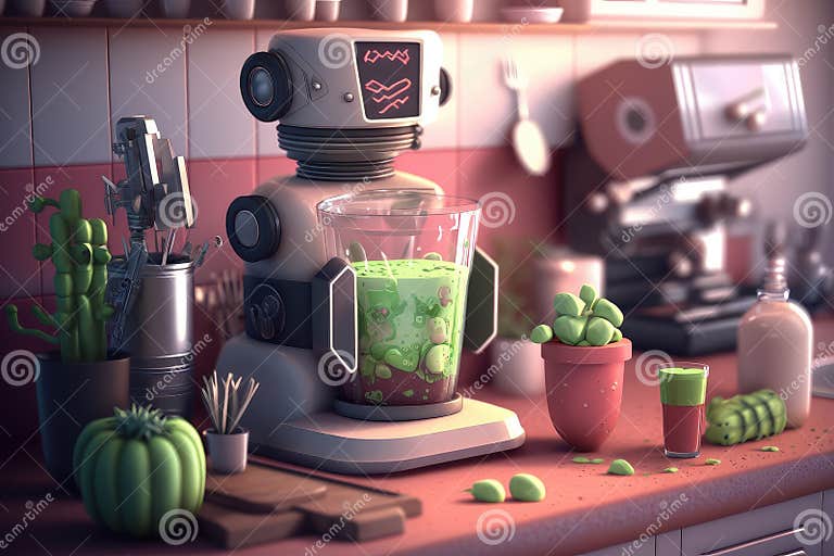 Chatbot Robot Making Smoothie in the Kitchen, with Ingredients and ...