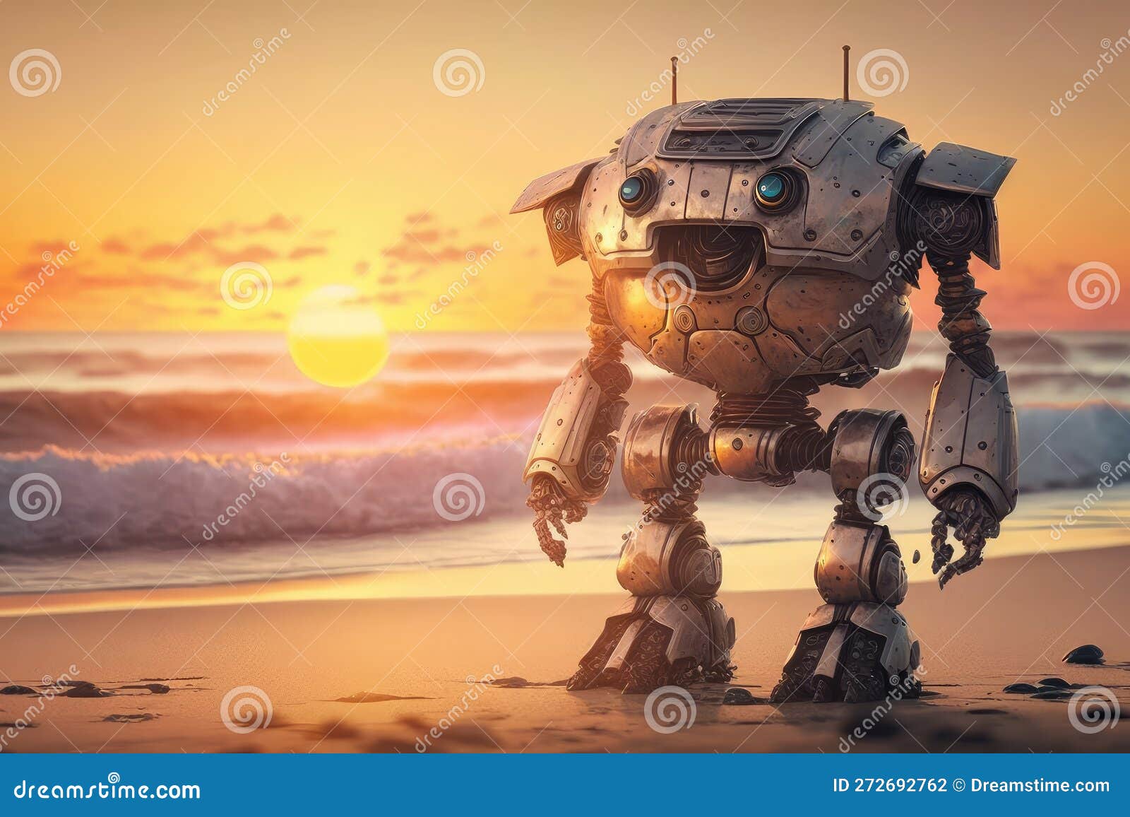 Chatbot Robot Walking on the Beach, with Sunset in the Background Stock ...