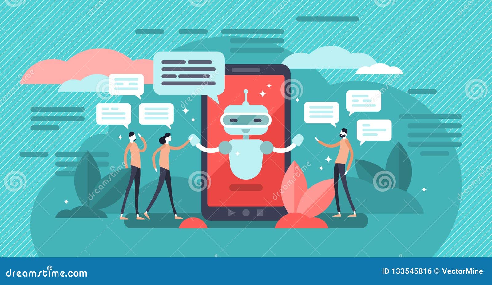 Chatbot Vector Illustration. Mini Persons Talk with Digital Robot ...
