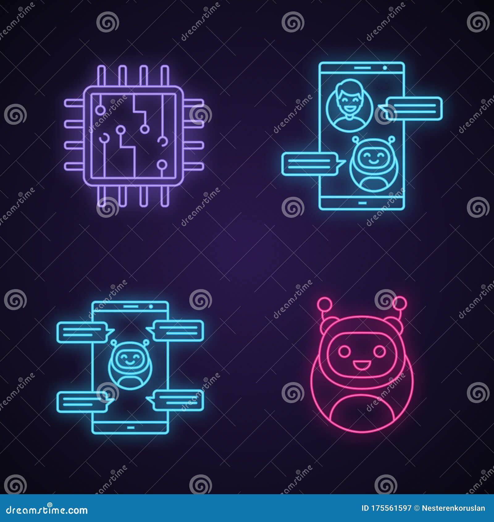 Chatbots Neon Light Icons Set Stock Vector - Illustration of design ...