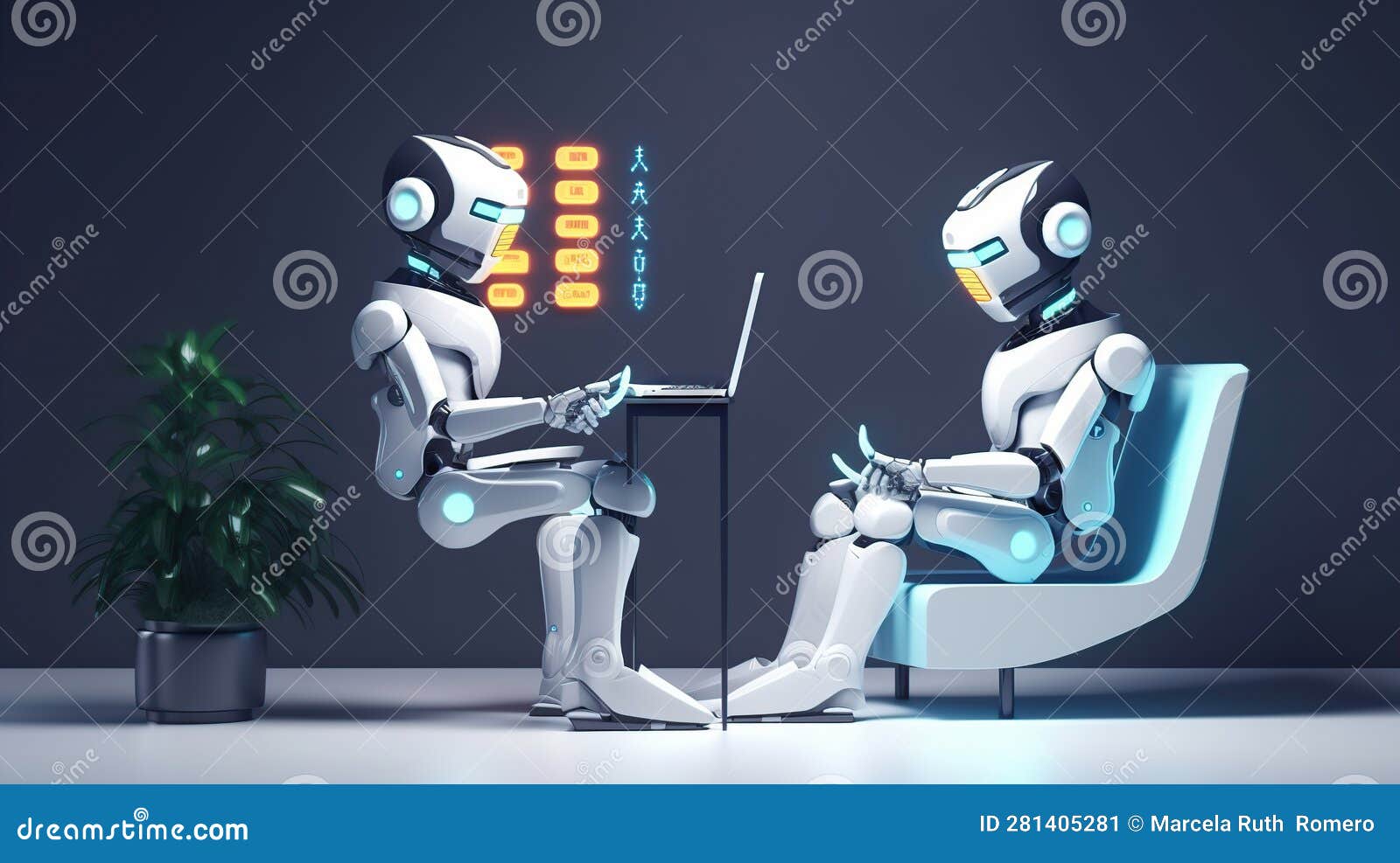 Chatbots Robot Working and Chatting in Computer. Generative AI Stock ...