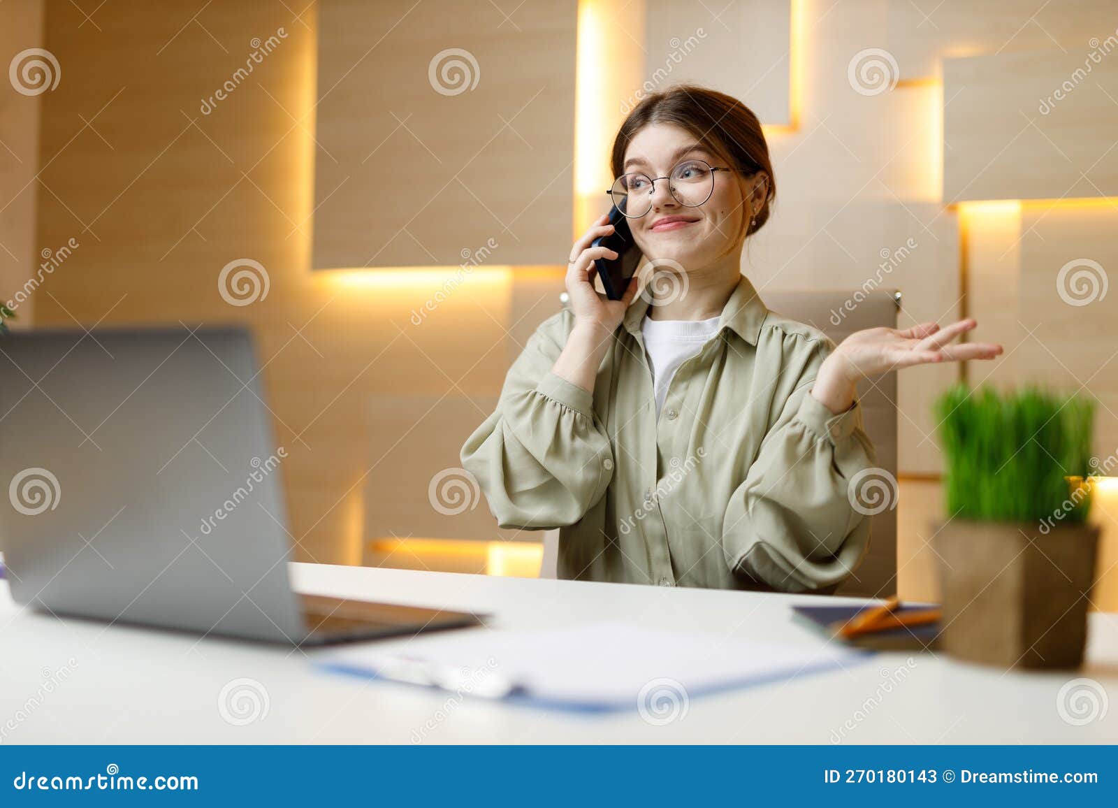 Chatting on the Phone during Working Hours, Confused Young Woman at the ...