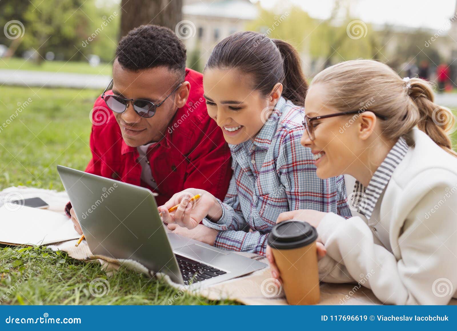 Three Students Chatting Via Skype with Their Professor Stock Image ...