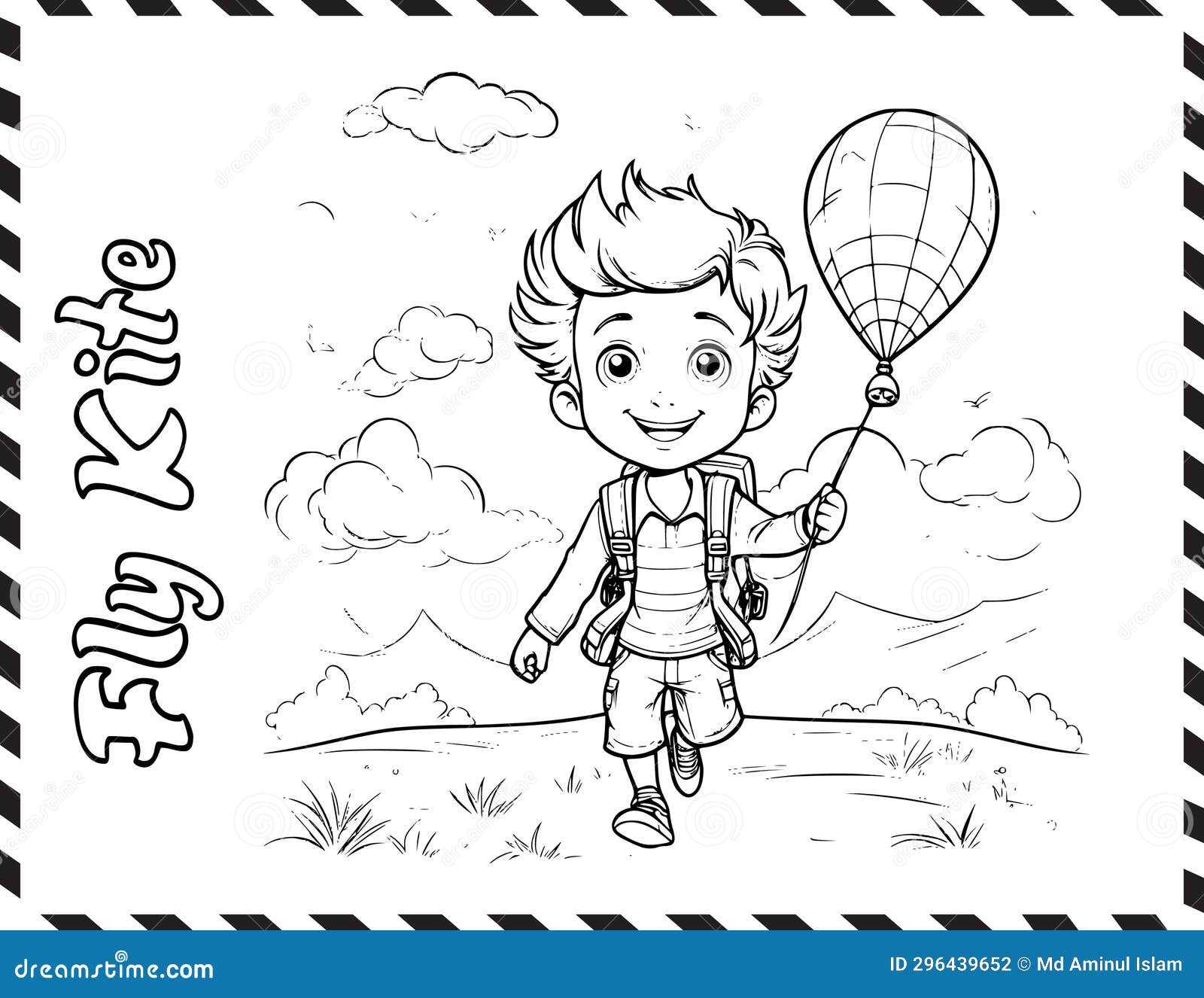 Chearful Fly Kite Coloring Page for Kids Stock Illustration ...