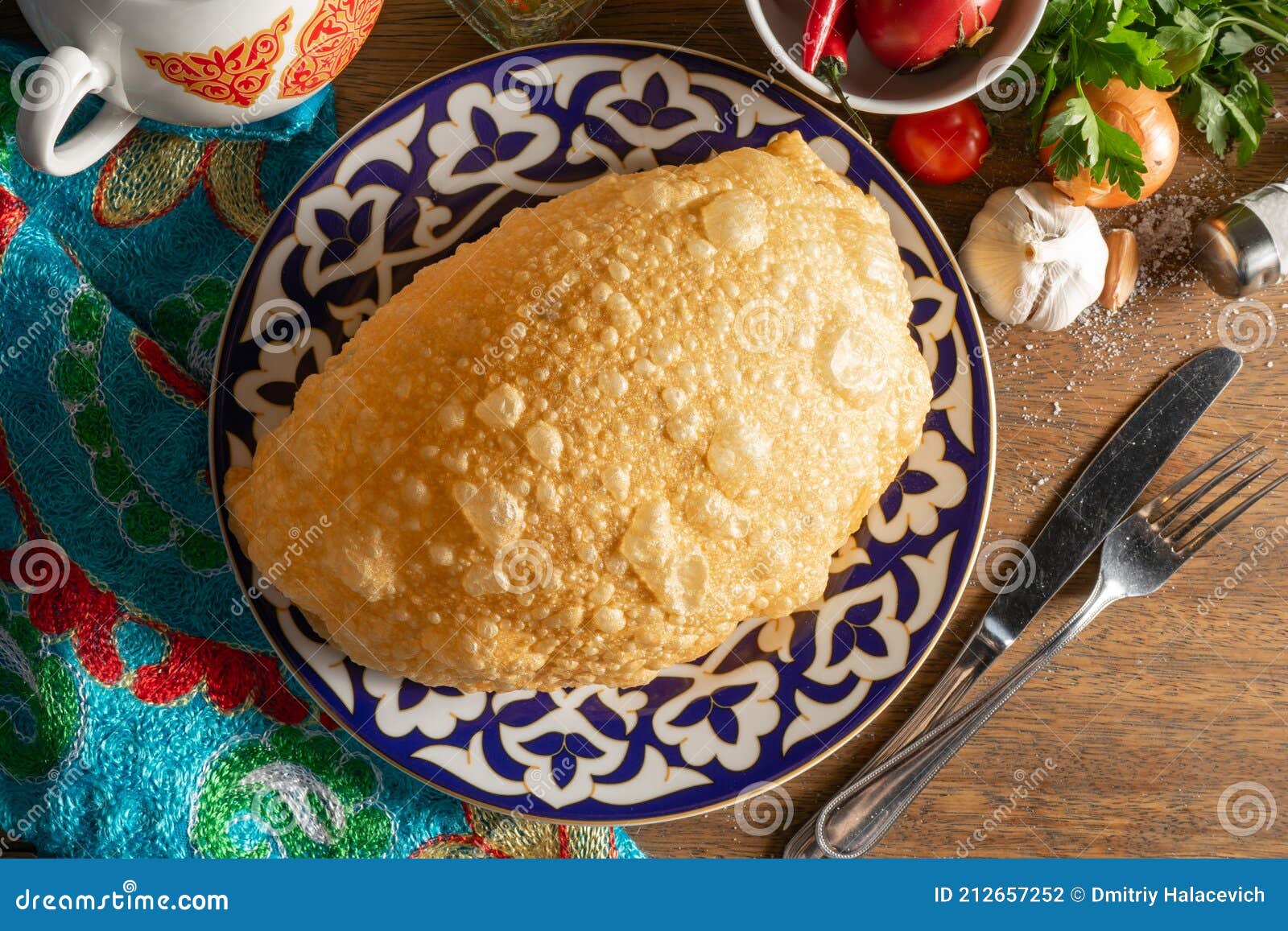 Cheburek on a Plate with a Traditional Uzbek Pattern Stock Photo ...